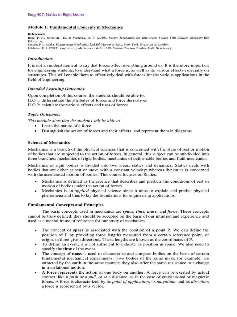 Module 1 - Fundamental Concepts in Mechanics PDF | PDF | Force | Euclidean Vector