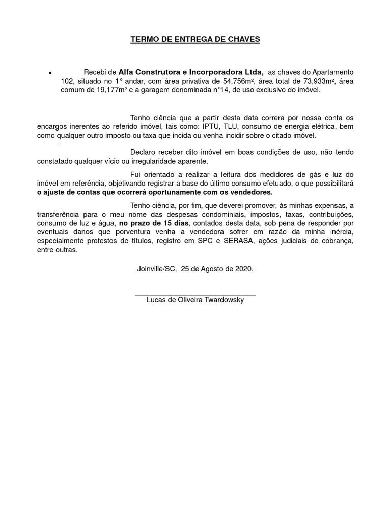 Termo de Entrega de Chaves PDF | PDF | Direito