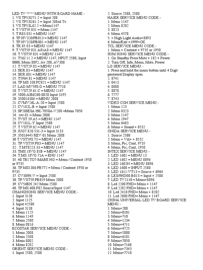 LED TV Service Menu Codes List | PDF
