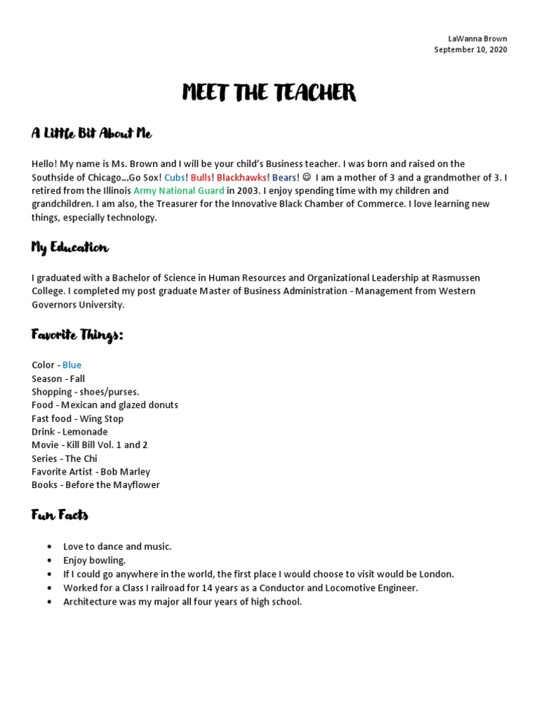 Meet The Teacher: A Little Bit About Me | Download Free PDF | Homework ...