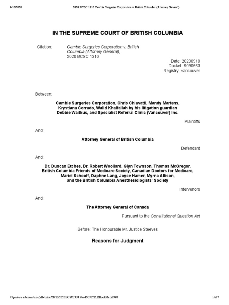 2020 BCSC 1310 Cambie Surgeries Corporation v. British Columbia ...