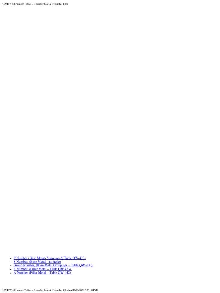ASME Weld Number Tables - P Number Base & F Number Filler | PDF ...