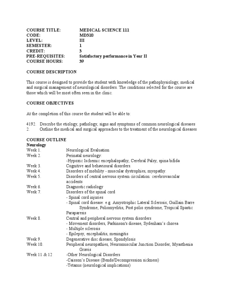 Neurology Course Outline | PDF
