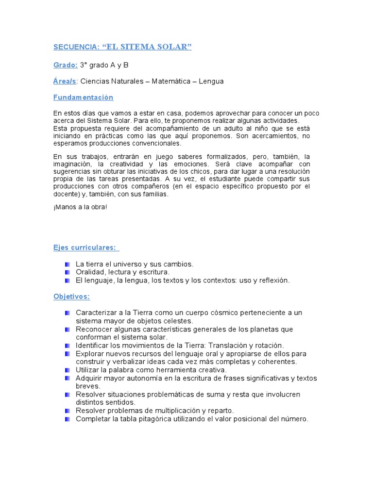 Secuencia Didáctica: Sistema Solar 3° grado | PDF | Escritura | Sistema ...