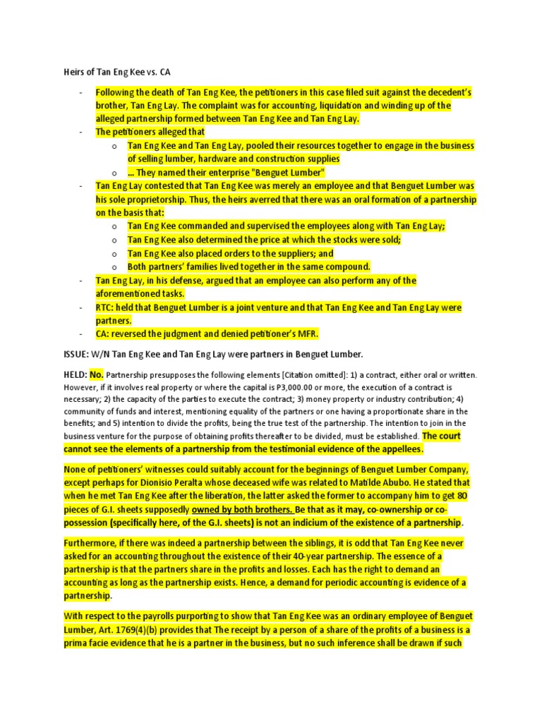 Heirs of Tan ENg Kee Vs CA - Digest | PDF | Partnership | Government ...