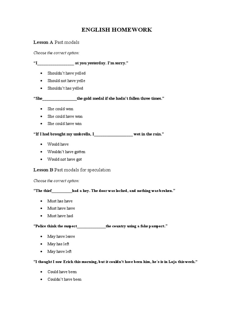 English Homework: Lesson A Past Modals | PDF