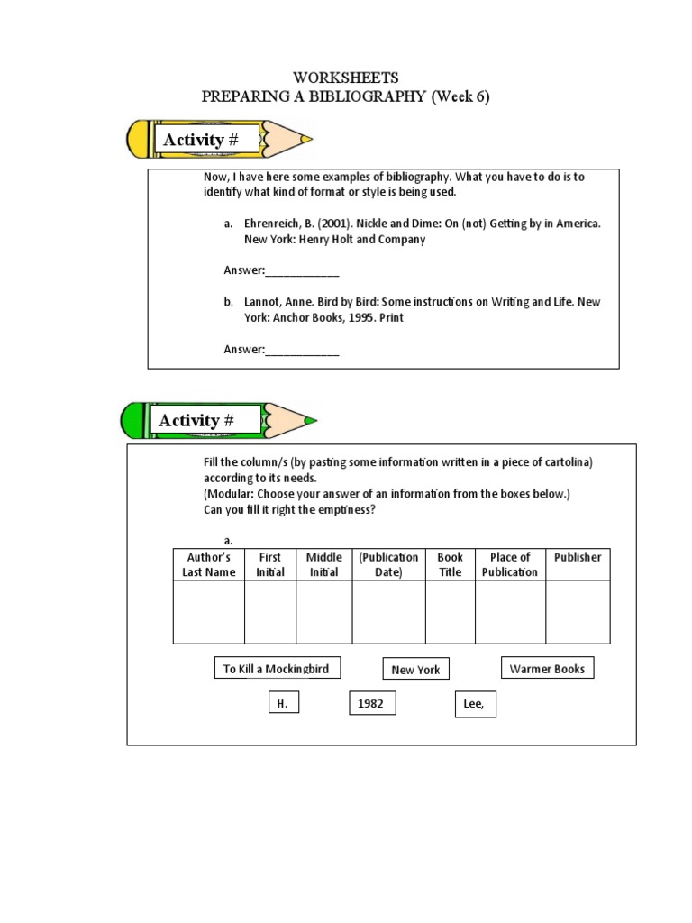 Activity #: Worksheets Preparing A Bibliography (Week 6) | PDF | Books
