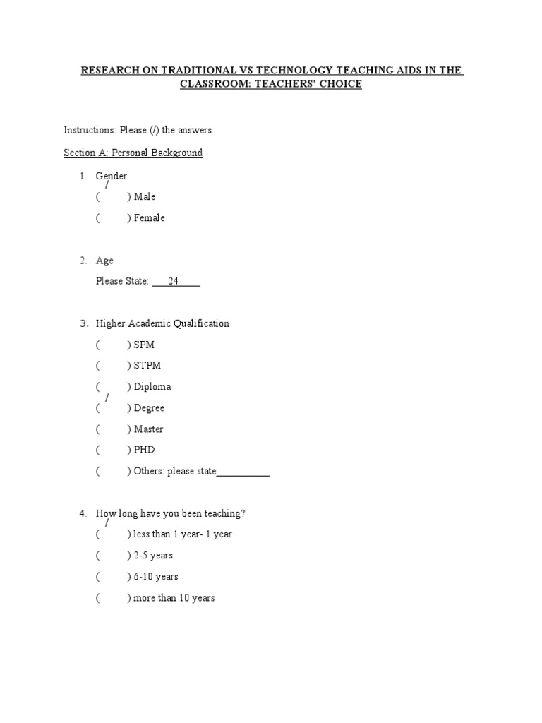 Questionnaire Teaching Aids | PDF | Classroom | Teachers