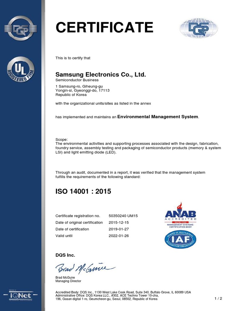 Certificate: Samsung Electronics Co., LTD | PDF | Semiconductor Device ...