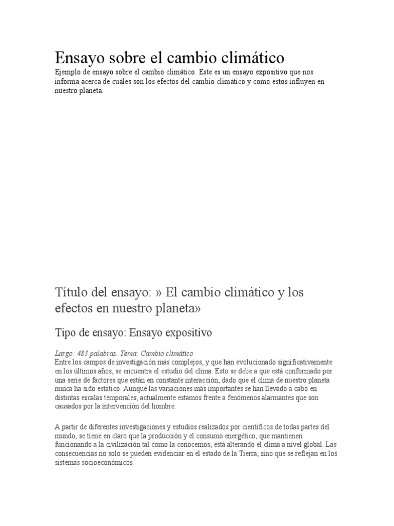Ensayo Sobre El Cambio Climático | PDF | Calentamiento global | Gases ...