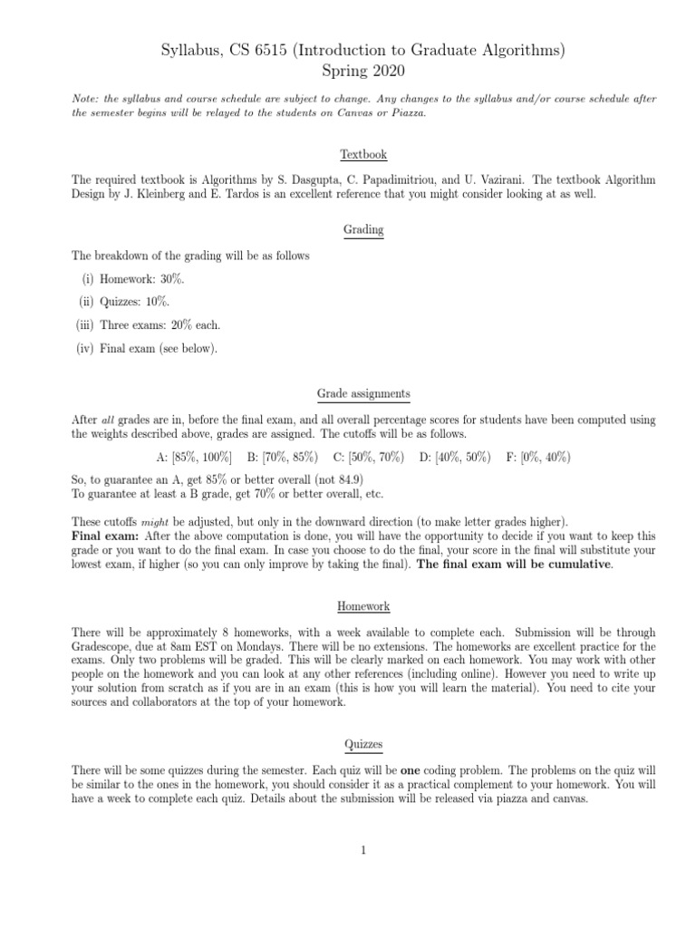 Syllabus, CS 6515 (Introduction To Graduate Algorithms) Spring 2020 ...