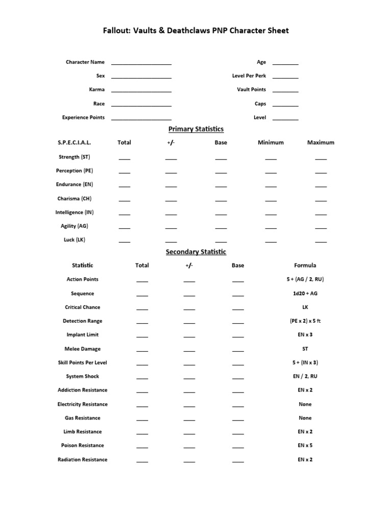 Fallout: Vaults & Deathclaws PNP Character Sheet: Primary Statistics ...
