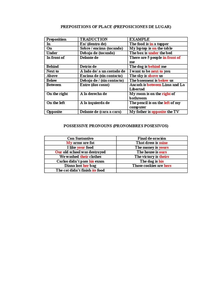 Prepositions of Place-Possessive Pronouns | PDF