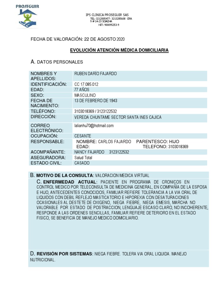 Evolución Clínica Domiciliaria de Paciente | PDF | Medicina | Medicina ...