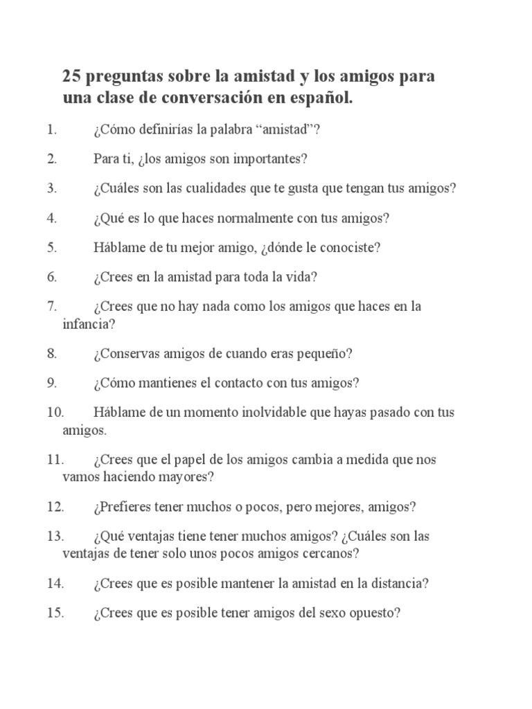 25 Preguntas Sobre La Amistad y Los Amigos para Una Clase de ...