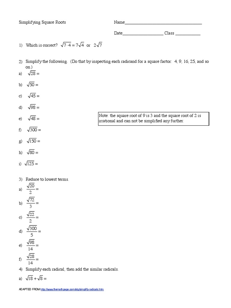Simplifying Square Roots Worksheet | PDF