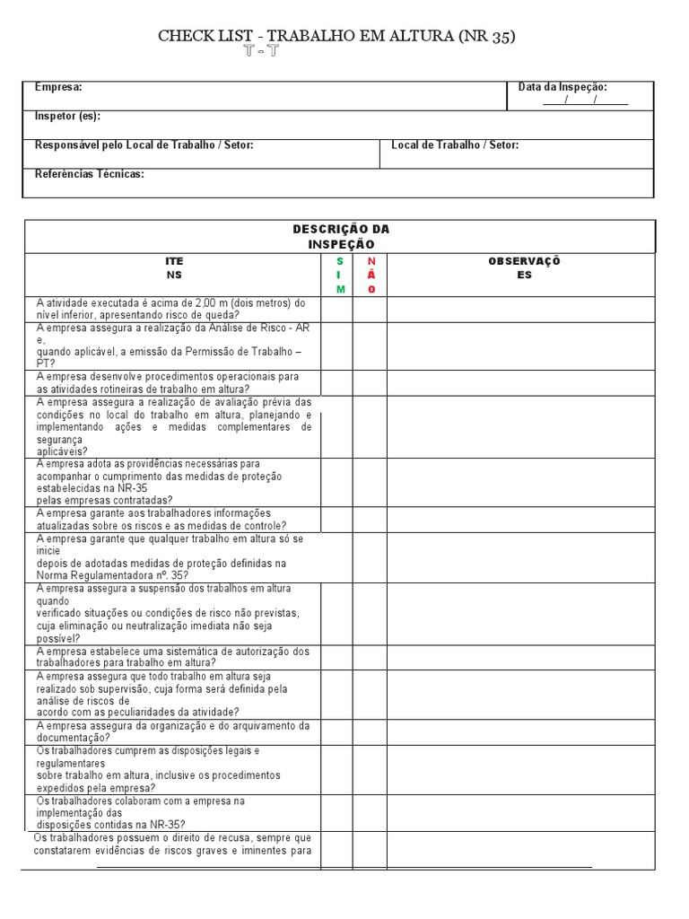 Modelo de Check List - Trabalho em Altura (NR 35) | PDF ...