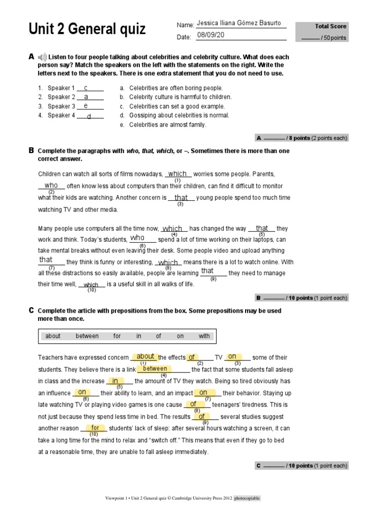 Unit 2 General Quiz: Jessica Iliana Gómez Basurto | PDF | Celebrity ...