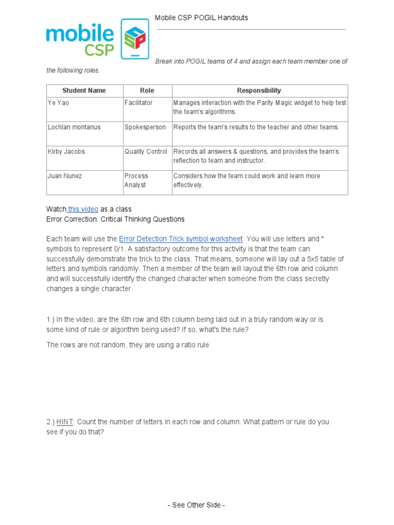 Mobile CSP POGIL Handouts: Student Name Role Responsibility | PDF | Error Detection And ...