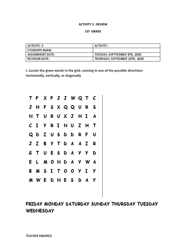 Week 2 1ST Grade | PDF