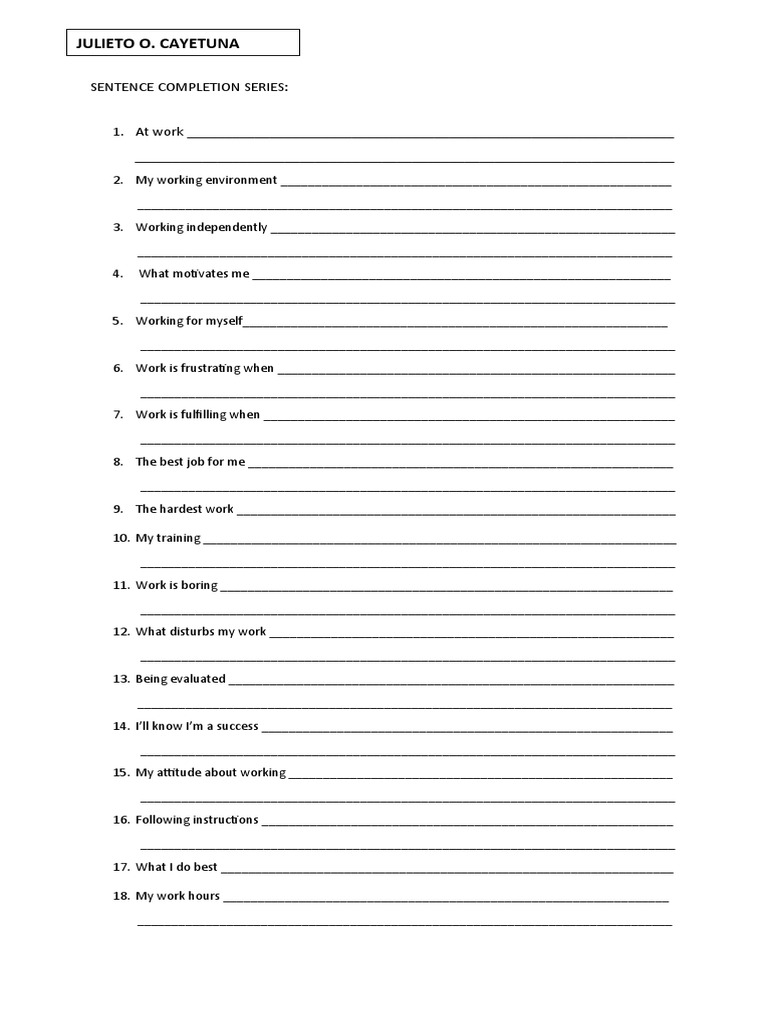 Julieto O. Cayetuna: Sentence Completion Series | PDF | Psychological ...