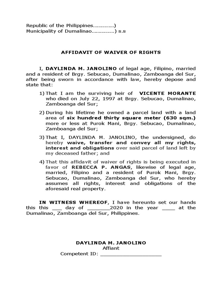 Affidavit of Waiver of Rights | PDF | Law