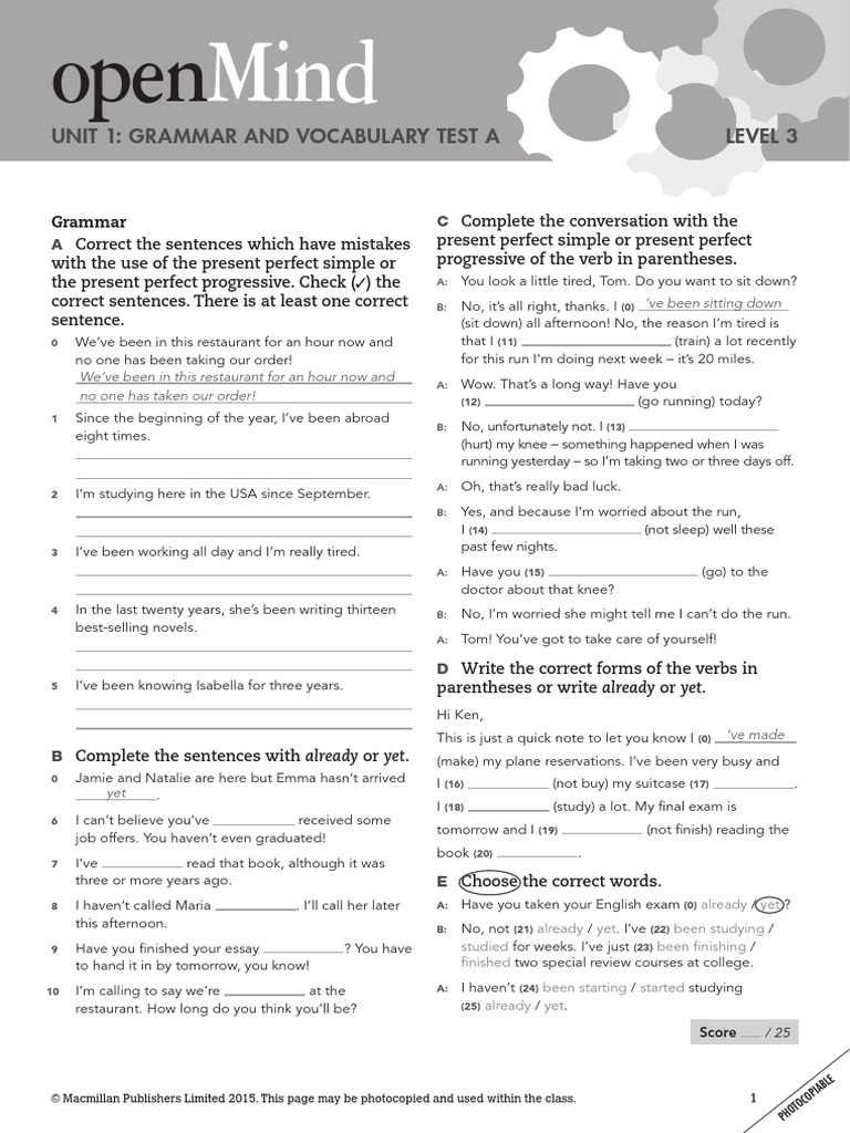 Openmind 3 Unit 1 Grammar and Vocabulary Test A | PDF | Goal