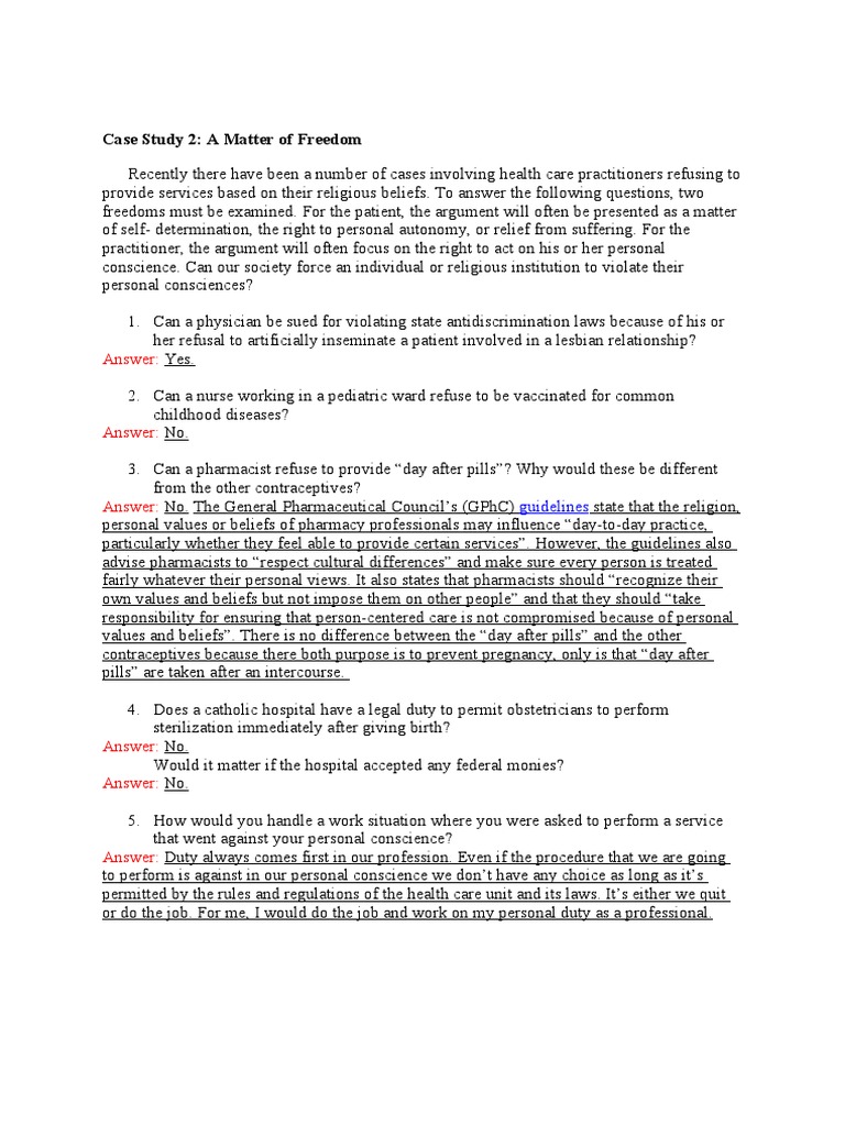 Case Study 2: A Matter of Freedom: Answer | PDF | Pharmacy | Pharmacist