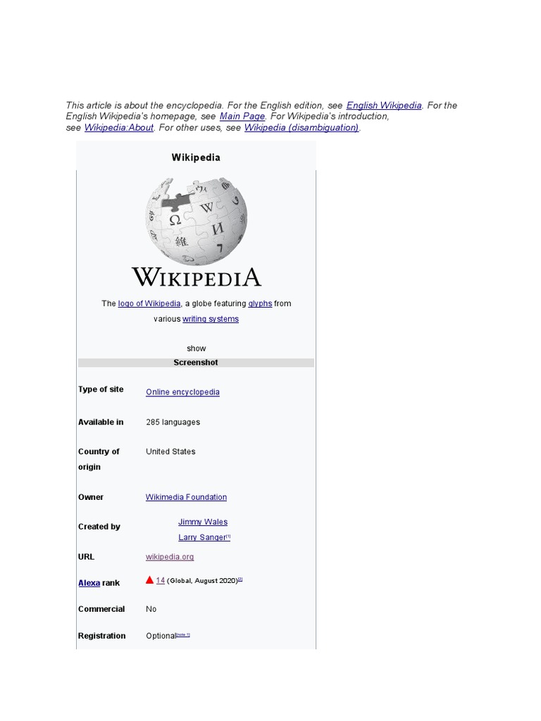 Wikipedia: English Wikipedia Main Page Wikipedia:About Wikipedia ...