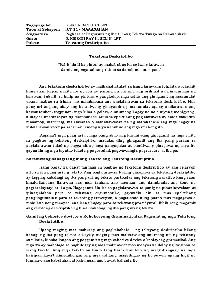 Tekstong Deskriptibo | PDF