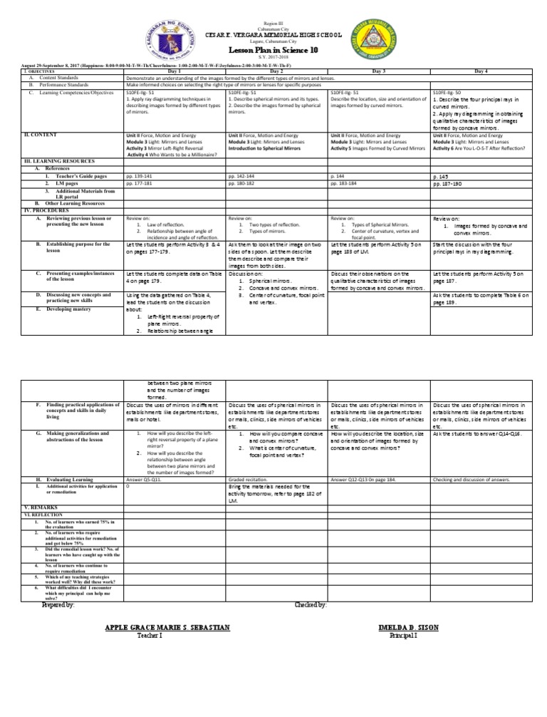Lesson Plan in Science 10: Cesar E. Vergara Memorial High School | PDF ...