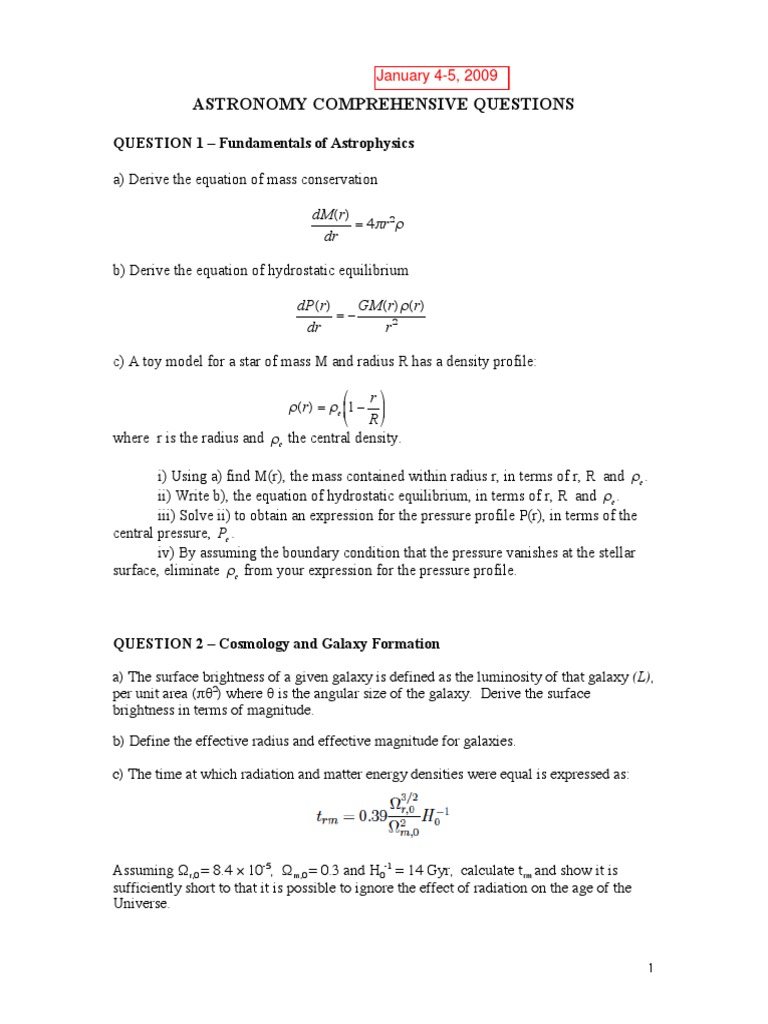 Astronomy Comprehensive Questions: QUESTION 1 - Fundamentals of ...