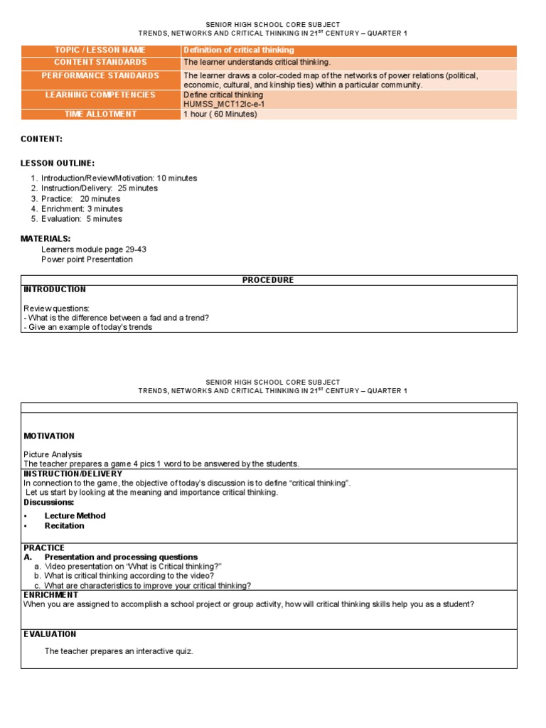 Critcal Thinking Lesson Plan | PDF | Critical Thinking | Society