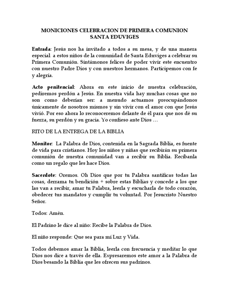 Moniciones Celebracion de Primera Comunion Santa Eduviges | PDF ...