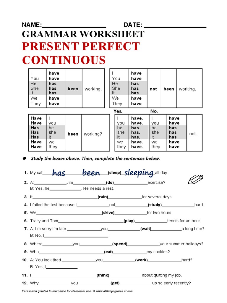 Present Perfect Continuous Worksheet | PDF