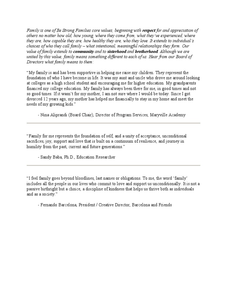 Family Is One of Be Strong Families Core Values | PDF