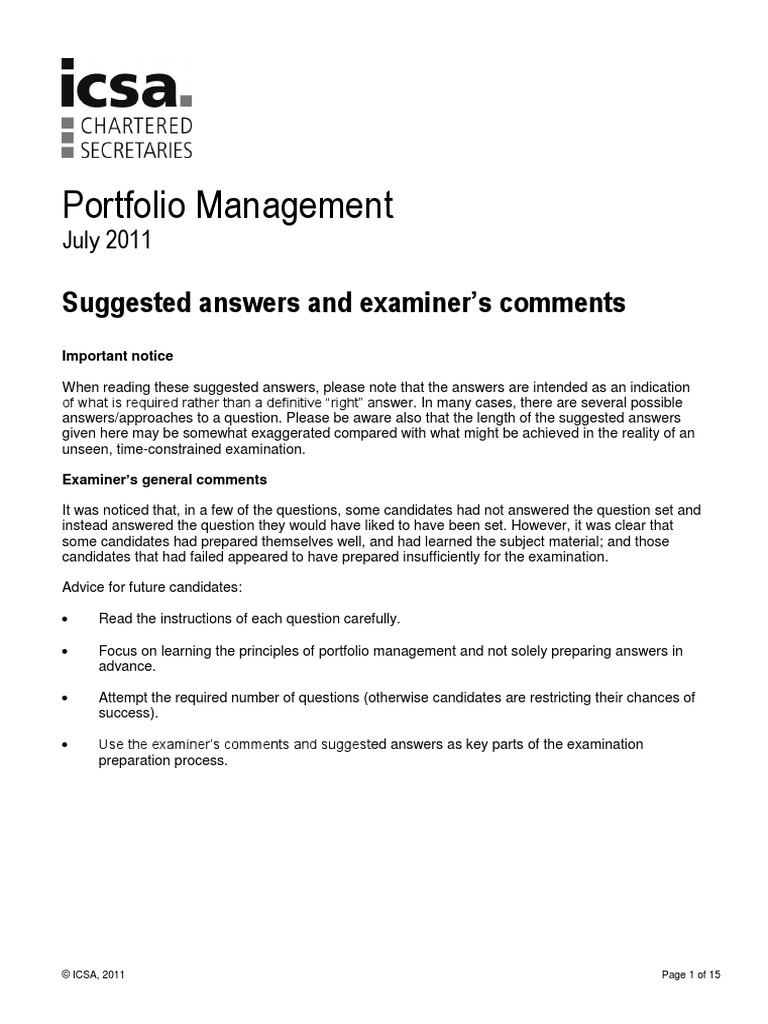 Portfolio Management: Suggested Answers and Examiner's Comments | PDF ...