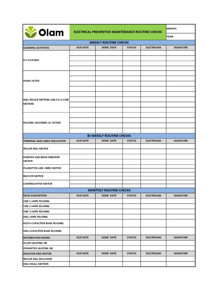Electrical Preventive Maintenance Routine Checks Weekly Routine Checks ...