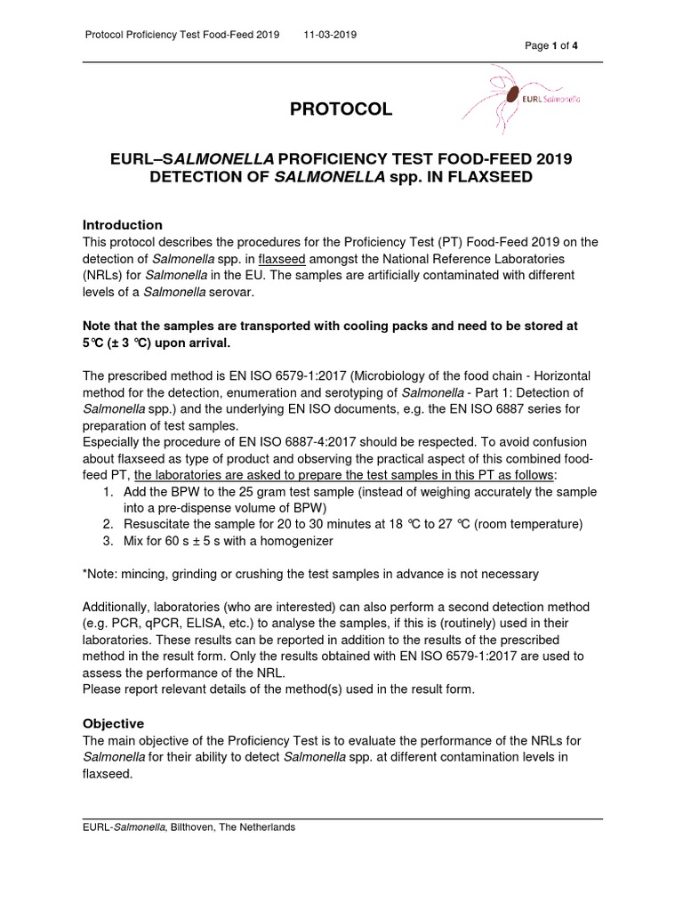 Protocol PT For Salmonella in Feed 2019 | PDF | Salmonella