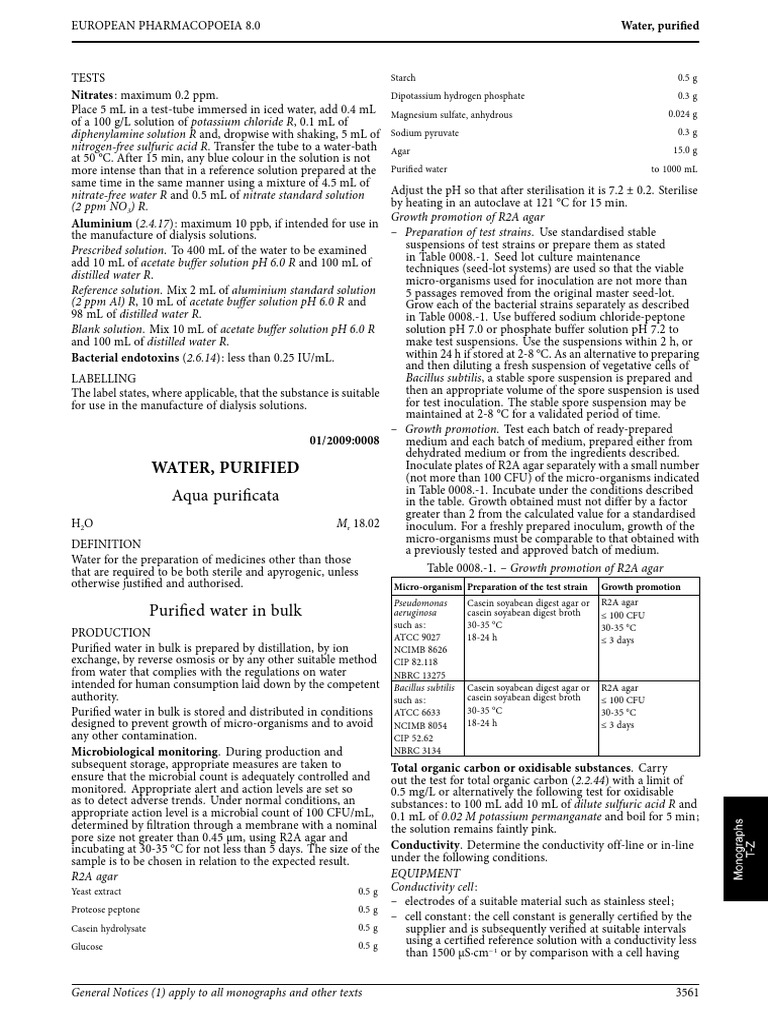 Purified Water Specification From European Pharmacopoeia Edition 8 ...