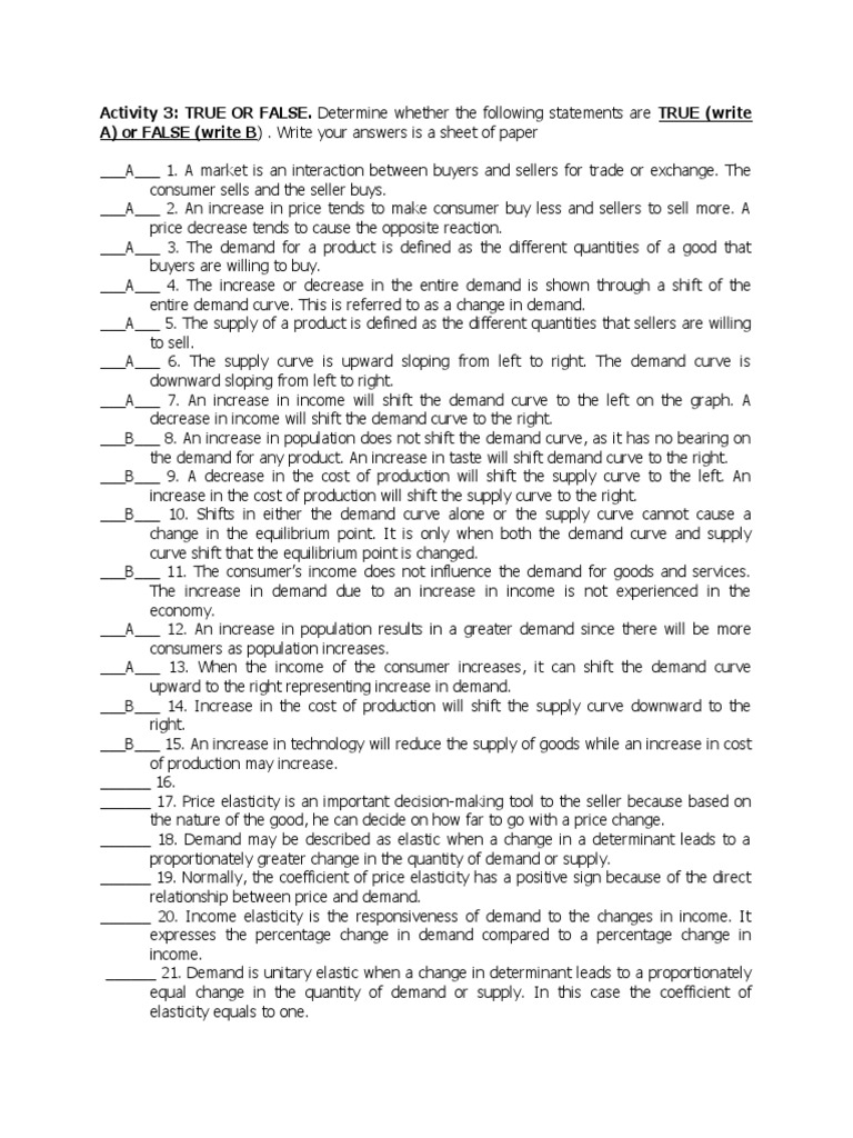 Activity 3: TRUE OR FALSE. Determine Whether The Following Statements ...