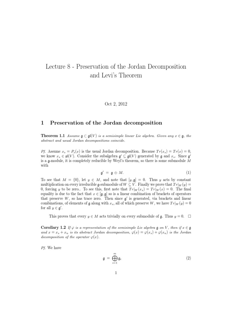 Lecture 8 - Preservation of The Jordan Decomposition and Levi's Theorem ...