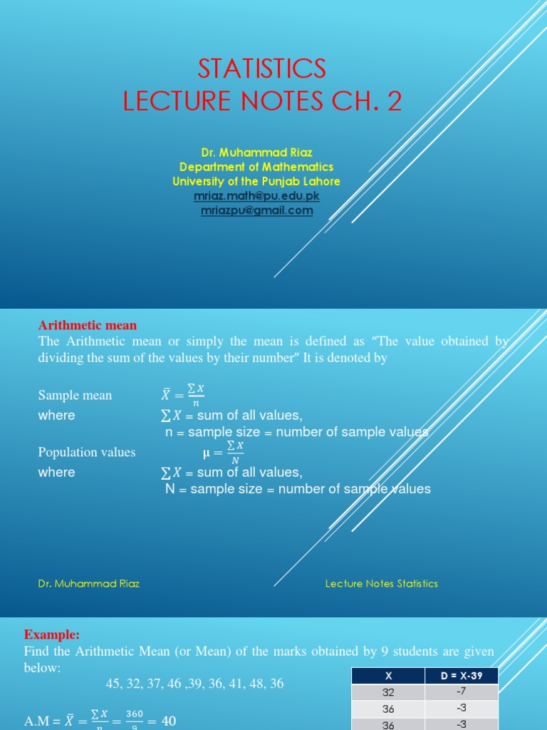 DR M Riaz Lecture Statistics Ch2 | Download Free PDF | Arithmetic Mean | Mean