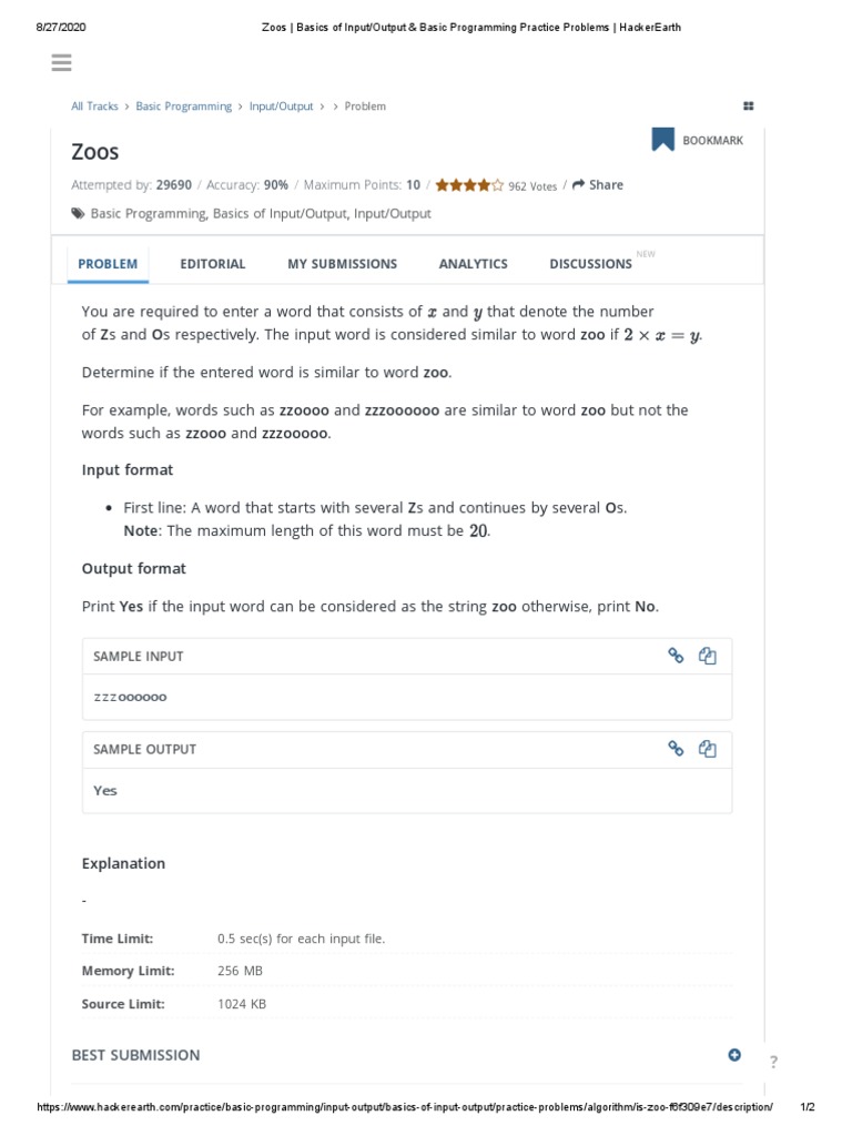 Zoos - Basics of Input - Output & Basic Programming Practice Problems - HackerEarth | PDF