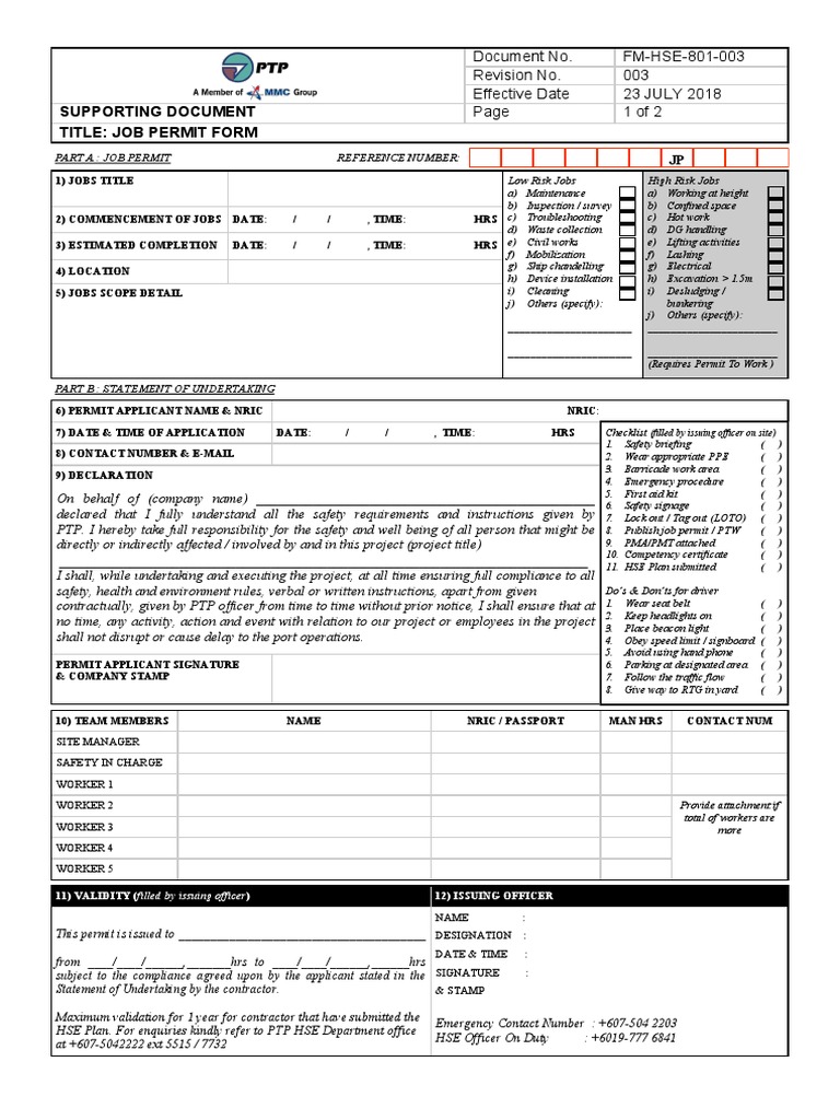 PTP Hse Job Permit | PDF | Prevention | Safety
