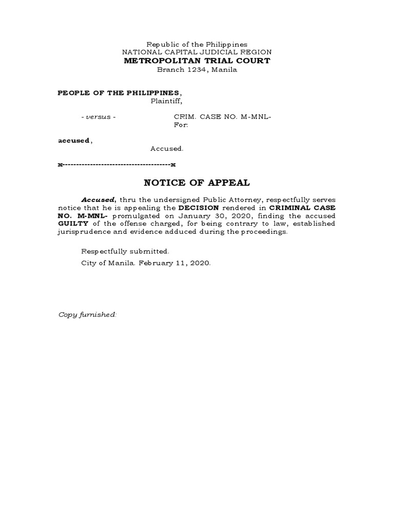 Notice of Appeal: Metropolitan Trial Court | PDF