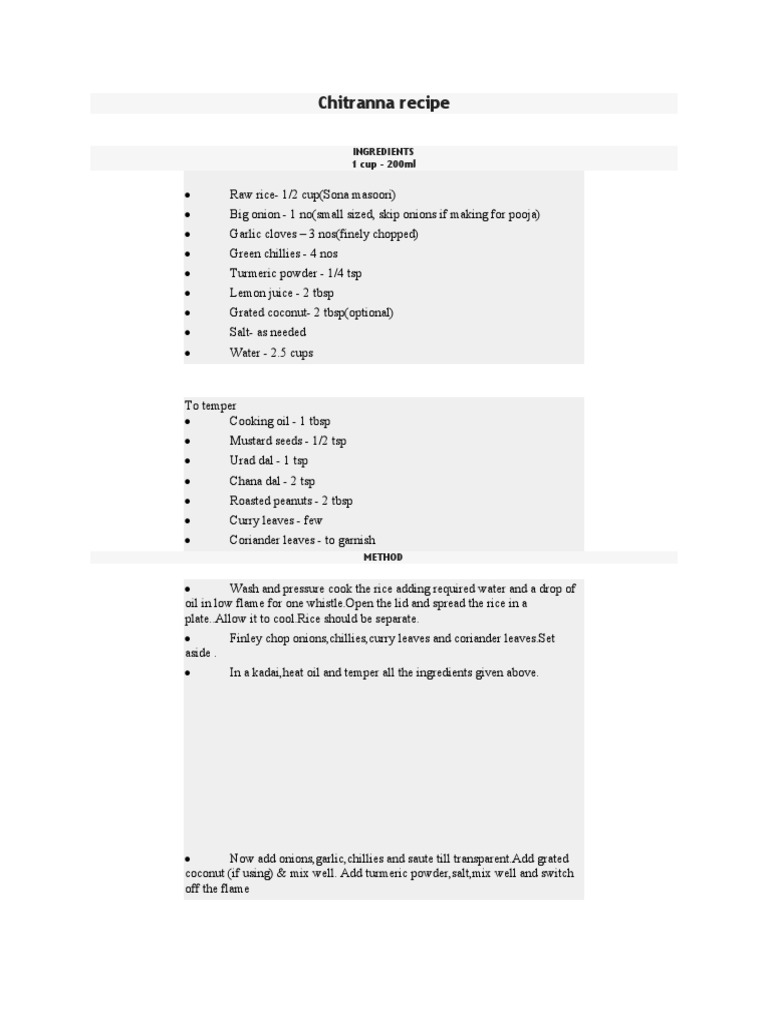 Chitranna Recipe: Ingredients 1 Cup - 200ml | PDF | Cooking, Food & Wine