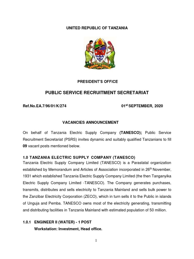 Tangazo La Nafasi Za Kazi Tanesco | PDF | Surveying | Tanzania