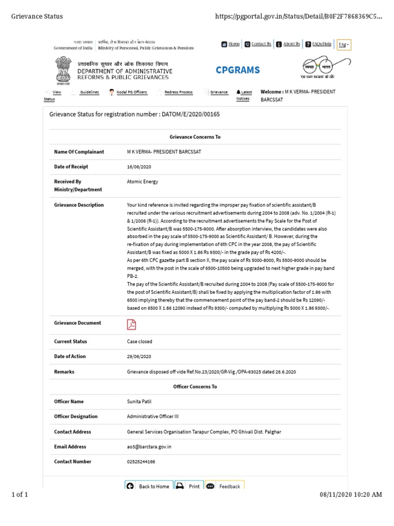 Cpgrams: Grievance Status For Registration Number: DATOM/E/2020/00165 ...