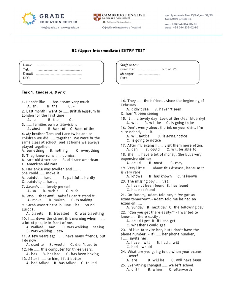 B2 (Upper Intermediate) ENTRY TEST: Task 1. Choose A, B or C | PDF